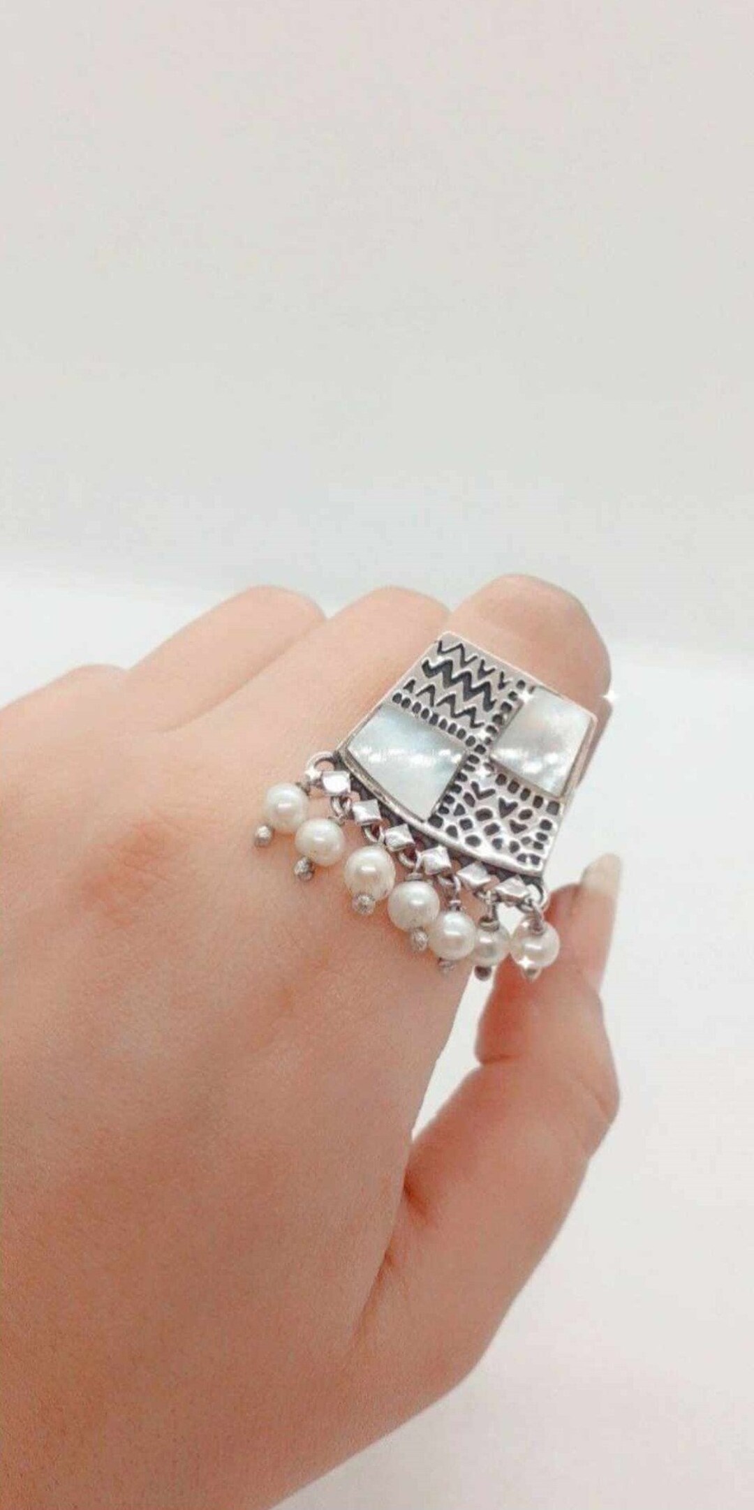 Egyptian Arabic Moonstone Ring With Pearls, Bedouin Ring, Sterling ...