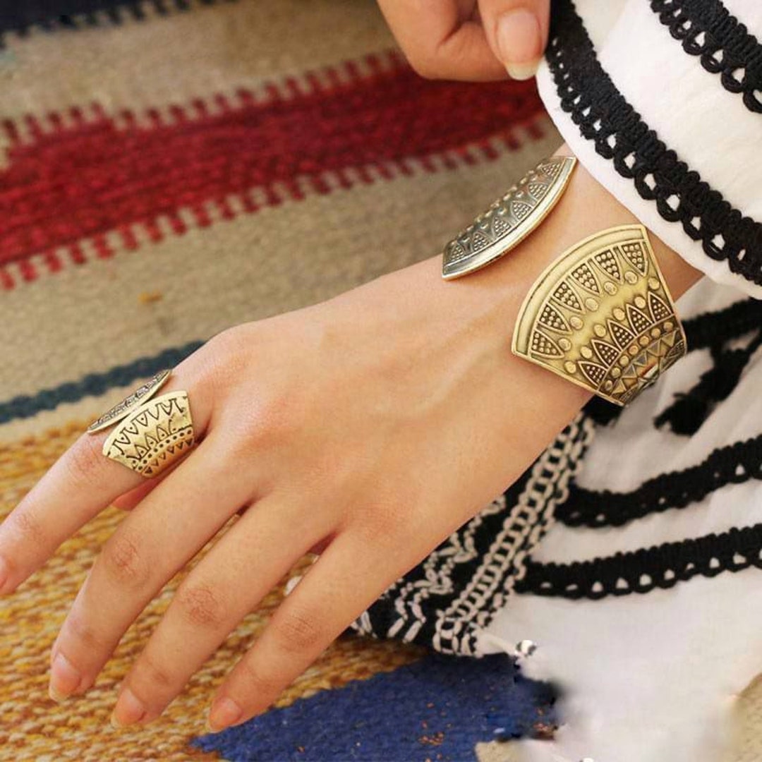 Egyptian Brass Bracelet Set, Boho Chuncky Bracelet With Ring, Egyptian ...