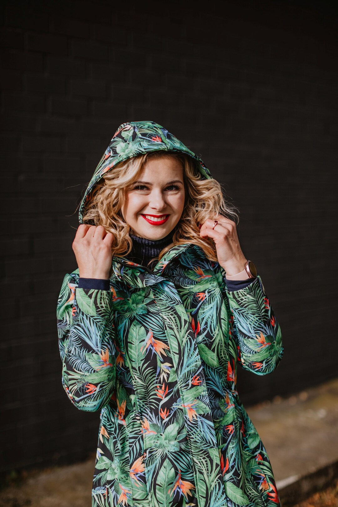 Women Parka With Tropical Print, Lady Raincoat, Outerwear, Elegant ...