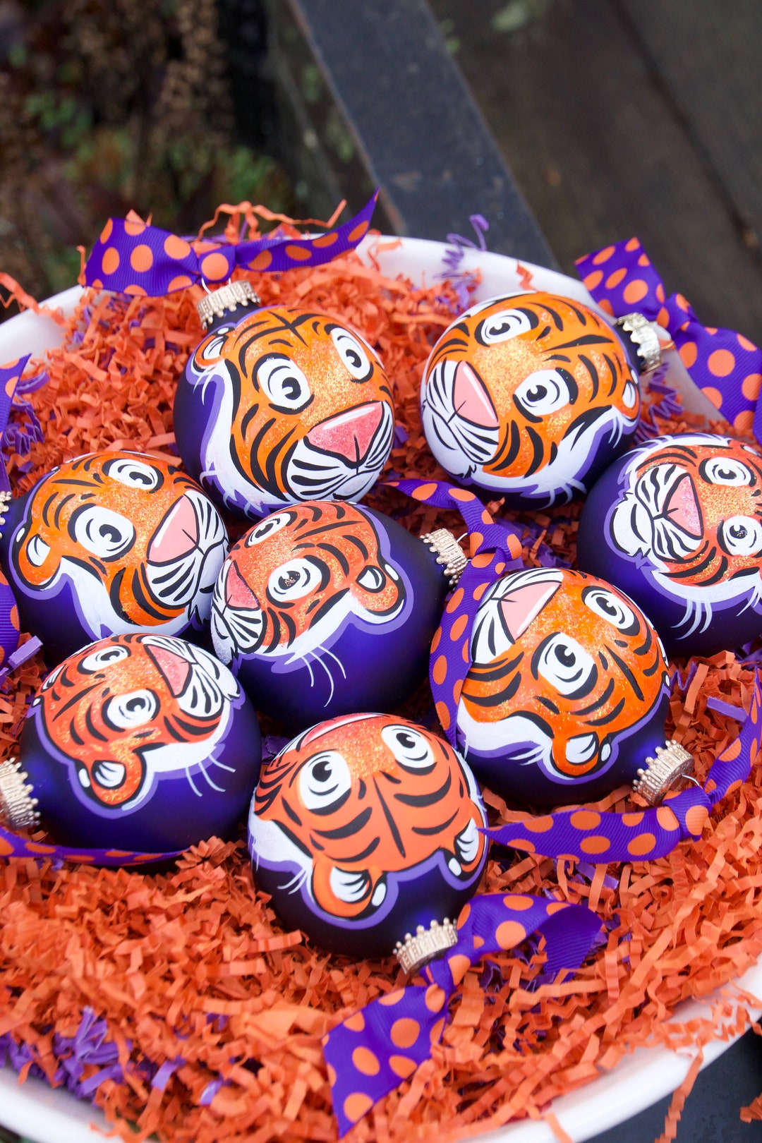 Clemson Tiger Hand Painted on Regalia Purple Glass Christmas Ball ...