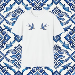 Delft Blue Sparrow Traditional Tattoo Flash - Unisex Softstyle T-shirt ...