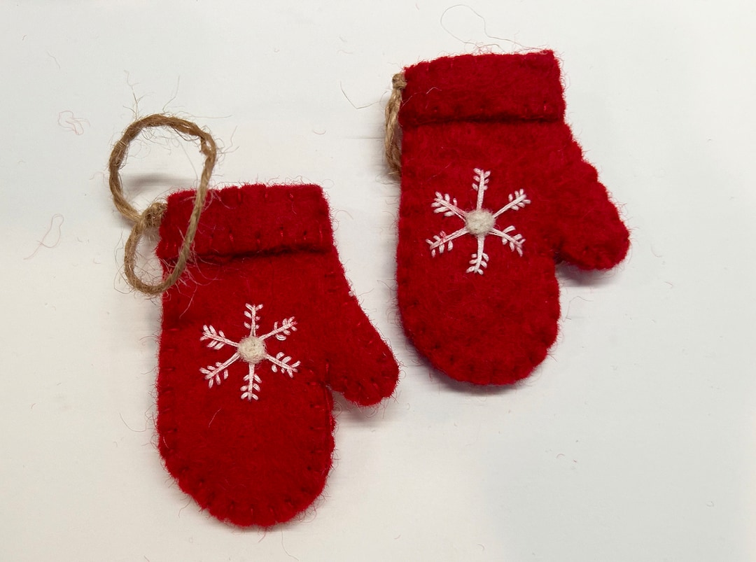 Felted Wool "red Mitten With Embroidered Snowflake" Ornament-felt ...