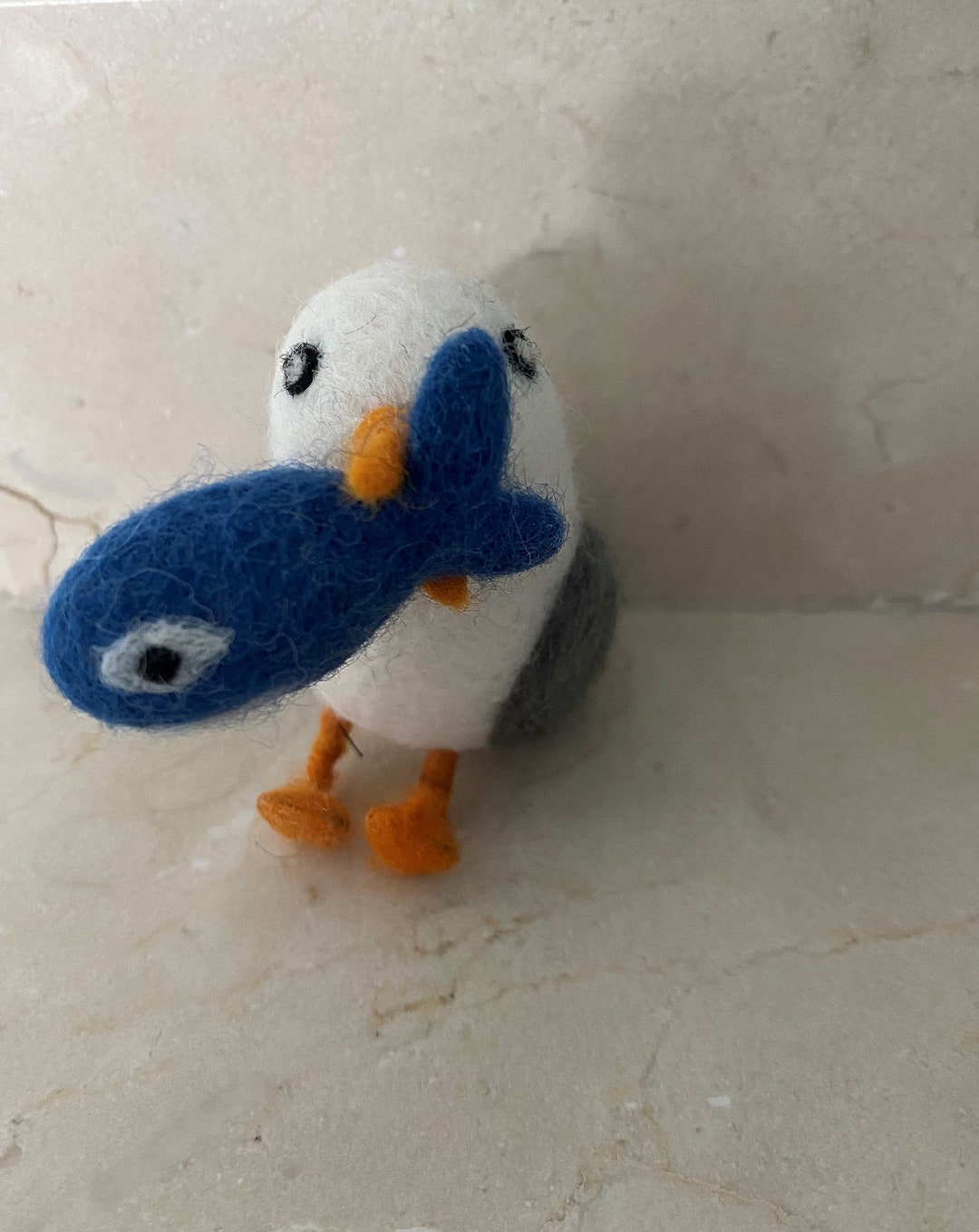 Felted Wool "seagull Jeremy" W Blue Fish Ornament-felt Seagull-felted ...