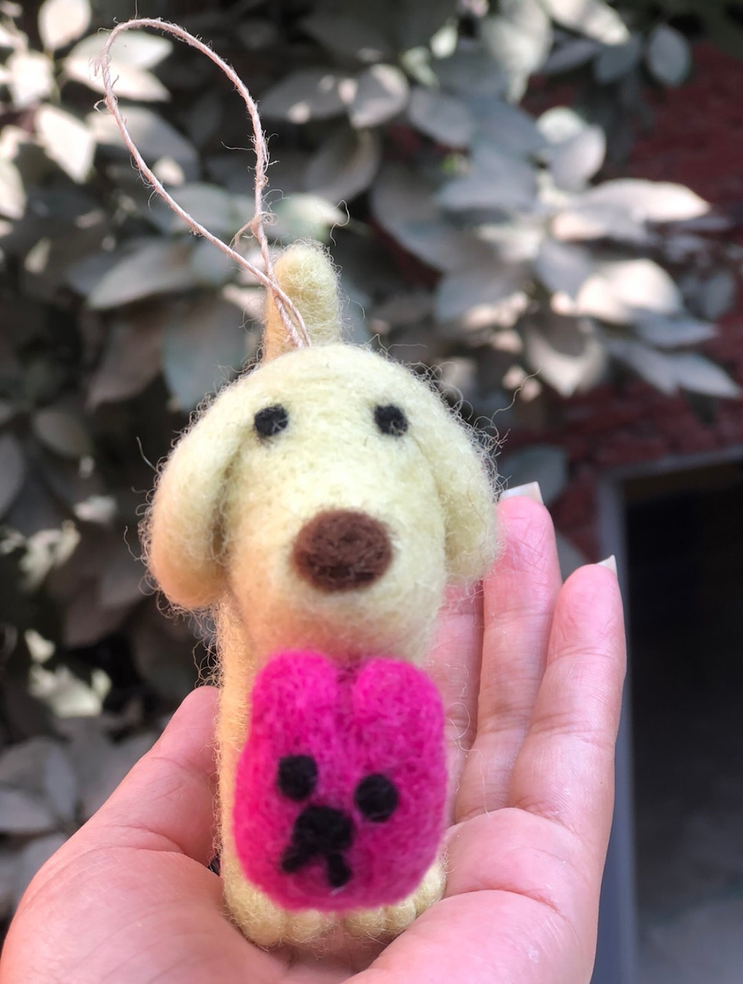 Felted Wool Yellow Lab "indy With Pink Bunny Slipper" Ornament-felt Lab ...