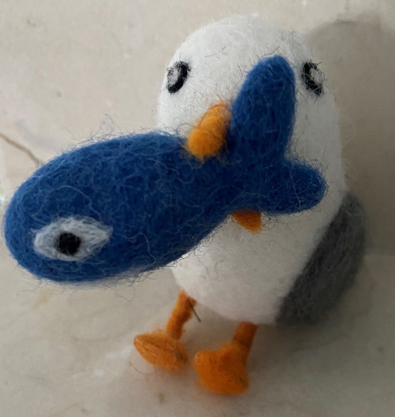 Felted Wool "seagull Jeremy" W Blue Fish Ornament-felt Seagull-felted ...