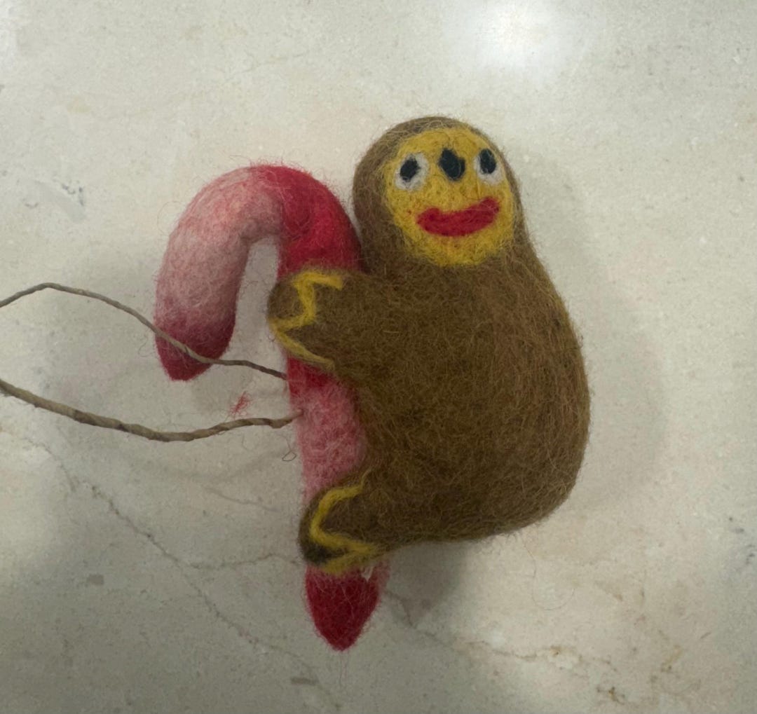 Handmade Felt "sloth Stevie W Candy Cane" Ornament-felted Wool-needle ...