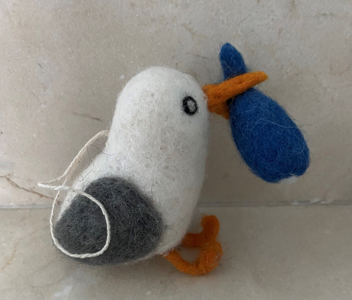 Felted Wool "seagull Jeremy" W Blue Fish Ornament-felt Seagull-felted ...