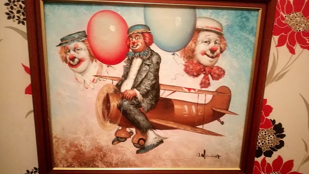 An ORIGINAL William Moninet Clown Painting Directly Onto Canvas (rare Due to One-clown Riding an ...