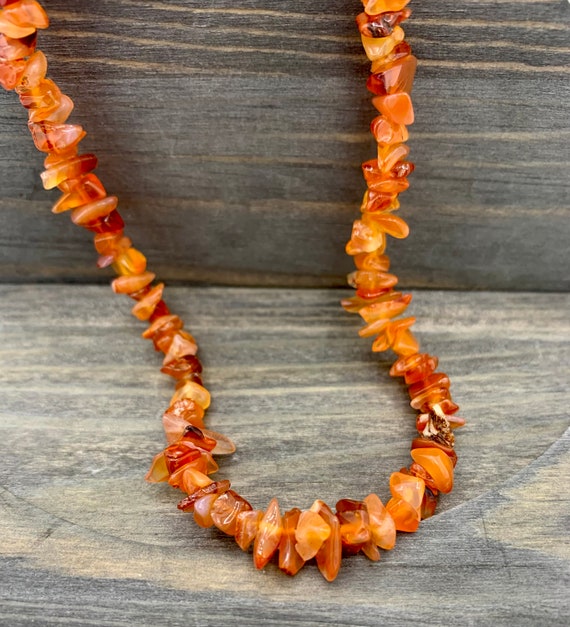 Orange Carnelian 36" Chip Stone Necklace, Indian Neck… - Gem
