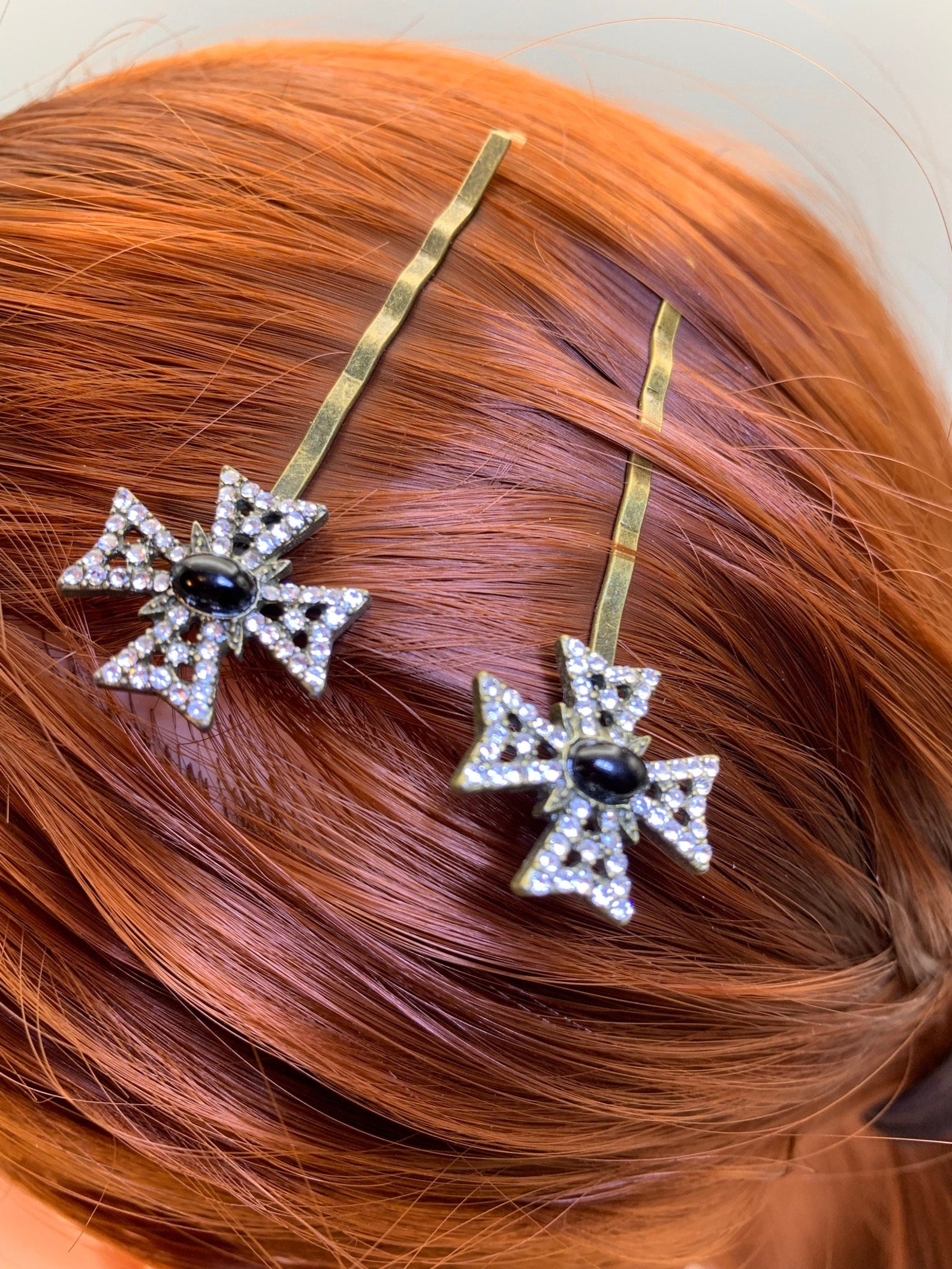 Rhinestone and Onyx Maltese Cross Hair Pins - Etsy