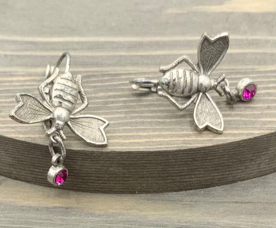 Silver Vintage Pierced Bug With Wings Earrings With Dangling Set - Etsy