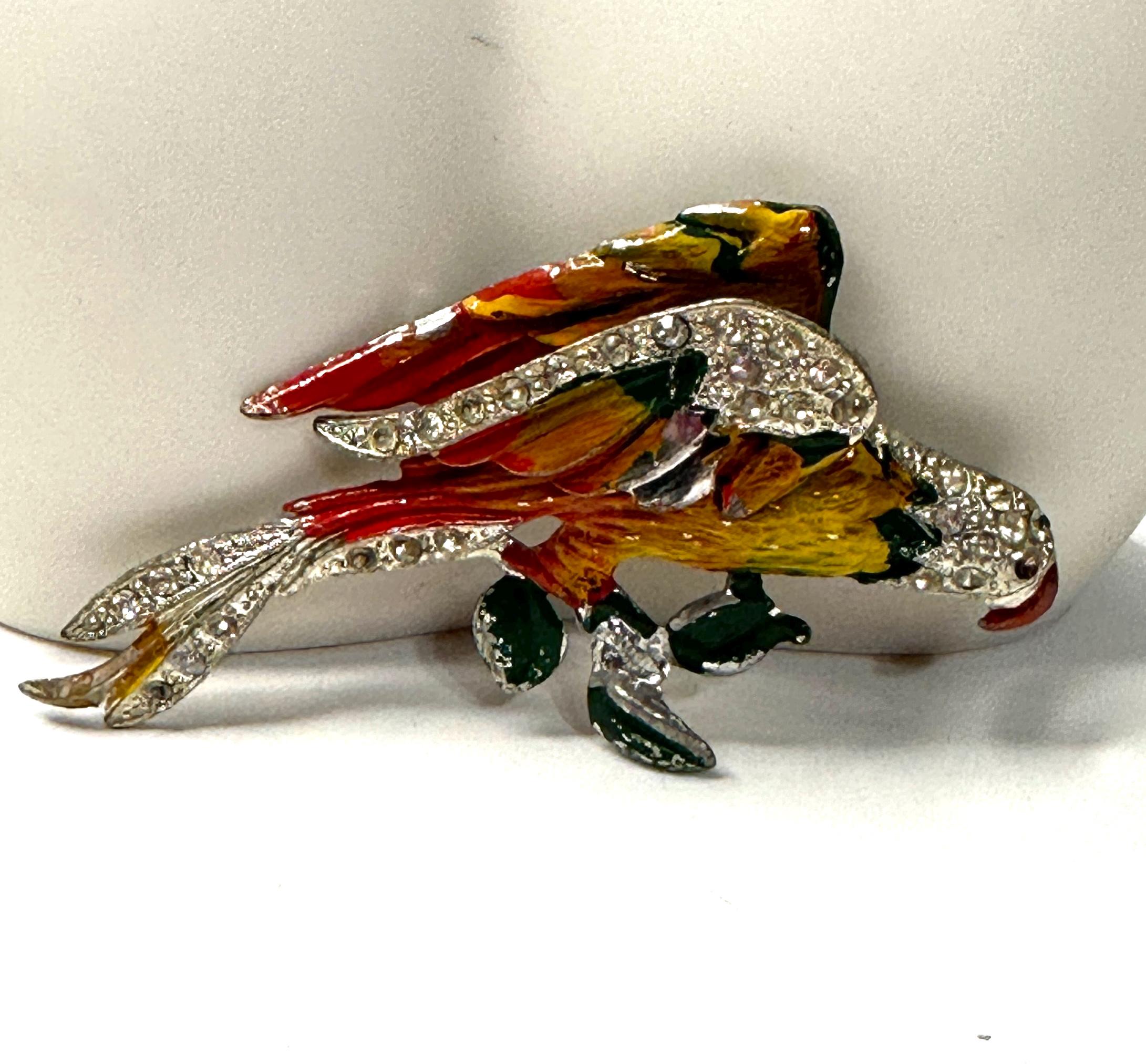 Rare 1940s Jose Rodriguez Parrot Brooch, Enamel Metal Rhinestones, USA ...