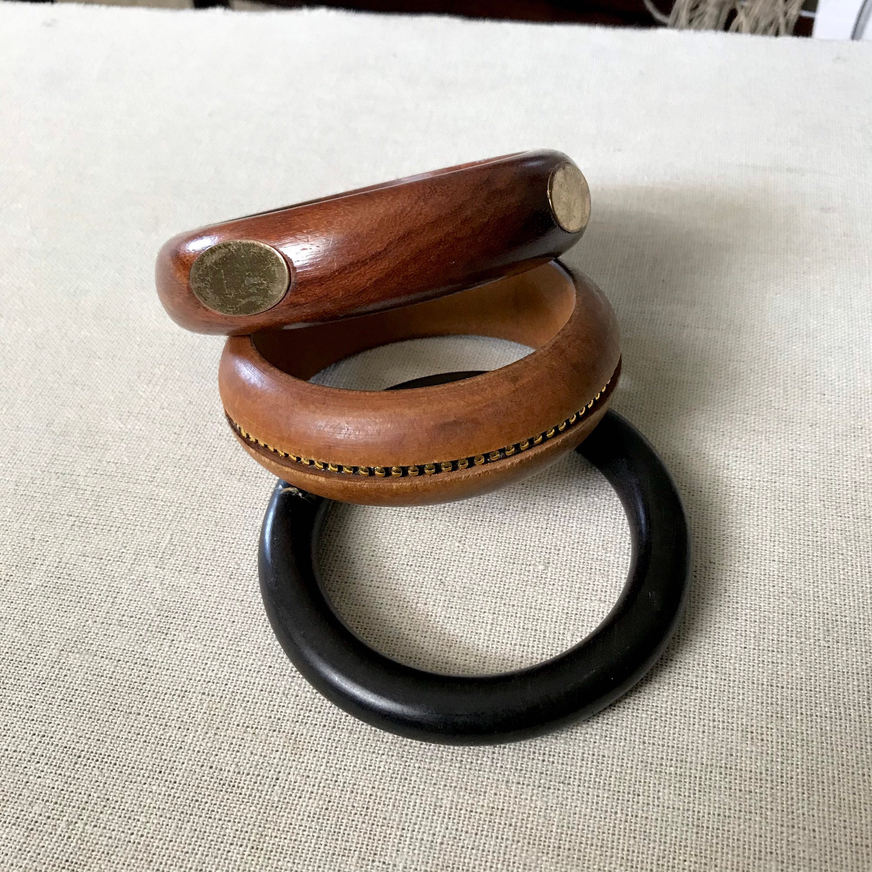 3 Vintage Wood Bangle Bracelets Brass Inlay Ebony Wood Bangle Brass ...