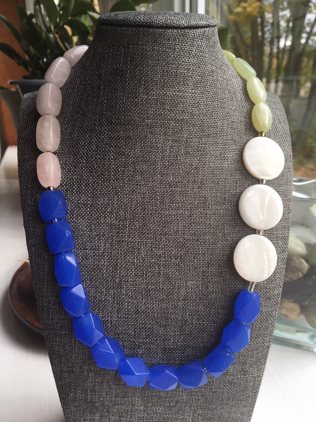 Rose Quartz, Shell, Blue Glass and Jade Beaded Necklace - Etsy