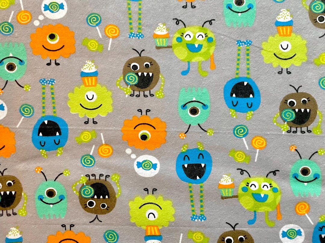 FLANNEL Fabric; Monsters on Gray Flannel, 100% Cotton, Snuggle Flannel ...