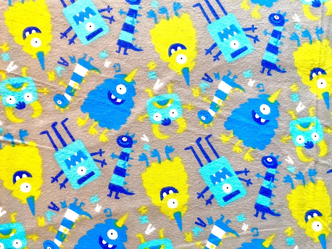 FLANNEL Fabric; Blue Monsters on Gray Flannel, 100% Cotton, Snuggle ...
