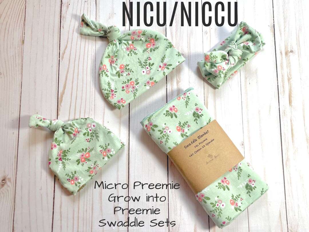 Micro Preemie Grow Into Preemie Swaddle | Floral Knotted Preemie Hat ...
