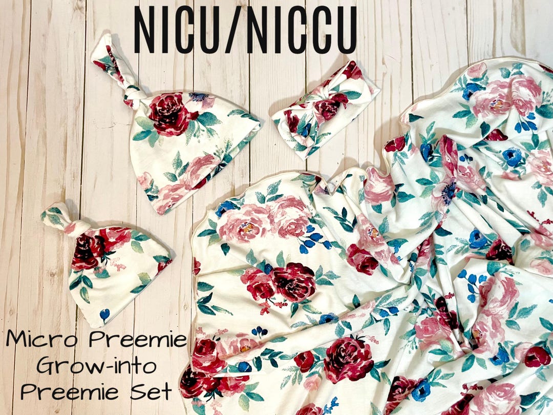 NICU Micro Preemie Grow Into Preemie Swaddle Set | Floral Preemie Hat ...