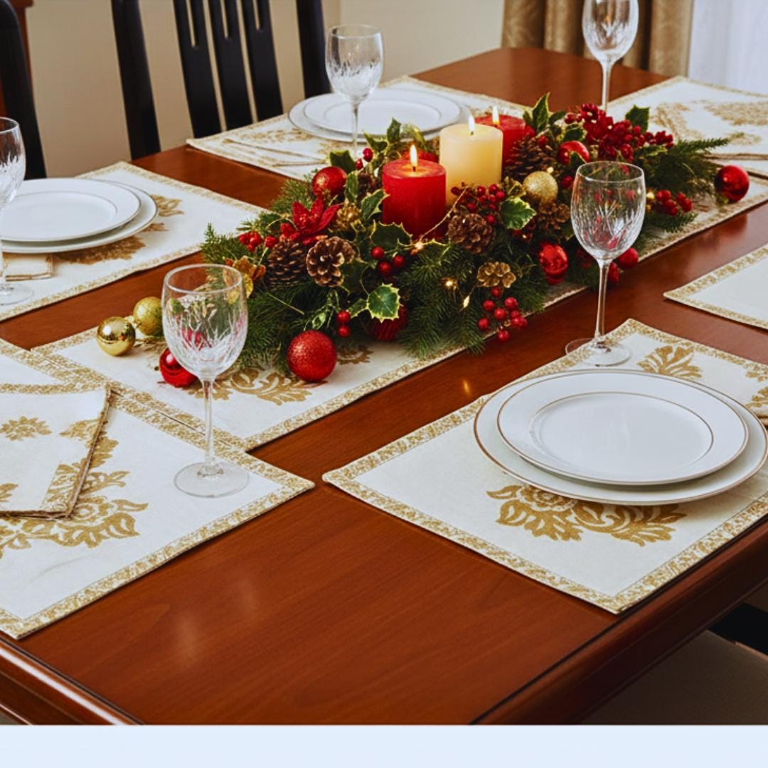 Elegant Christmas Dining Set | Off-white & Gold Table Mats With ...