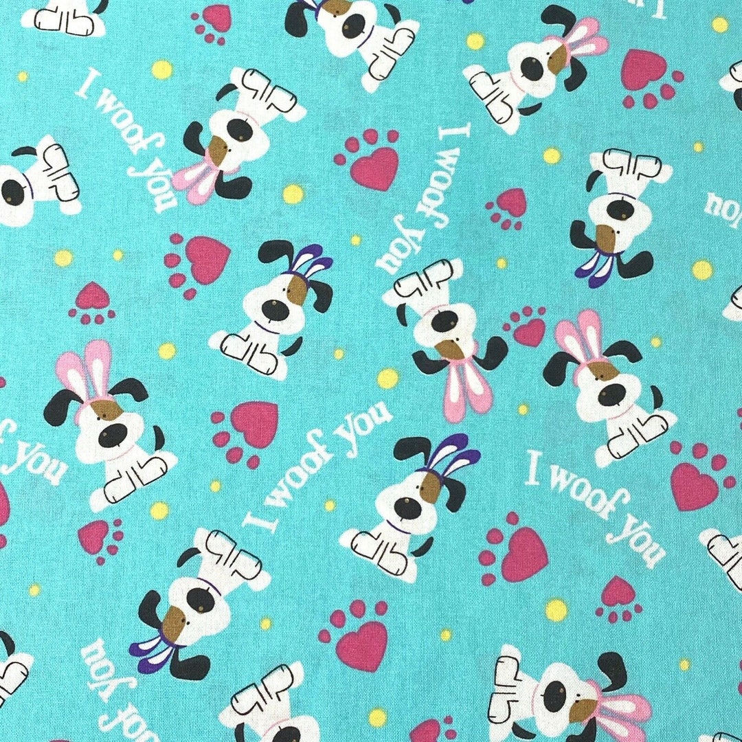 Dog I Woof You Sky Blue Apparel Nursery Sewing Quilting Fabric Cotton ...