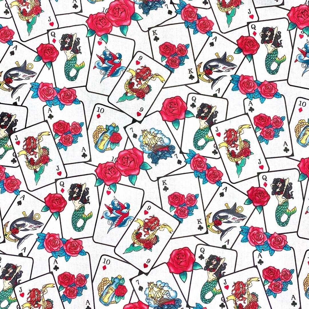 Ocean Poker Card Mermaid Gothic Tattoo Rose Craft Quilting Cotton ...