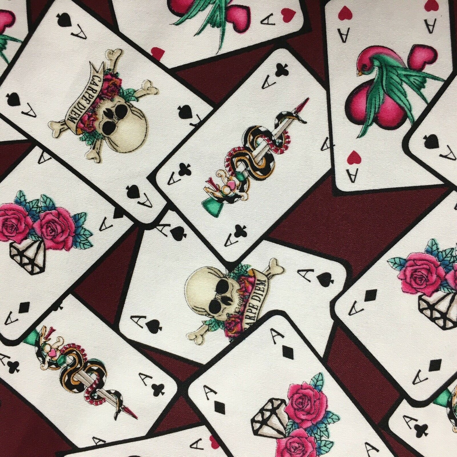 1/2M Gothic Skull Playing Poker Cards Ace Novelty Cotton Sateen Fabric ...