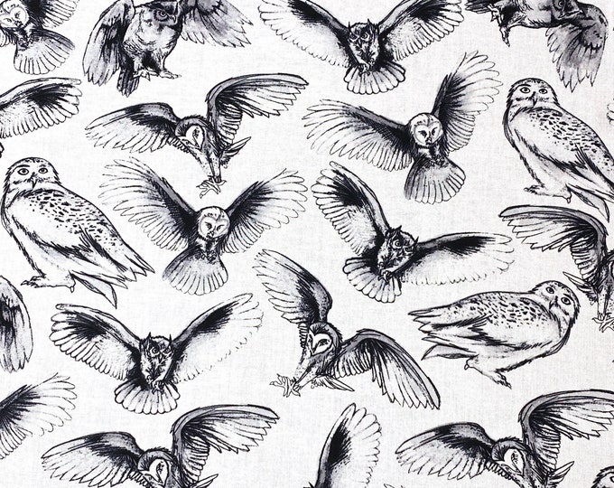 Owl Fabric Owls Owl Woodland Fall Winter Black White Green on Grey by ...