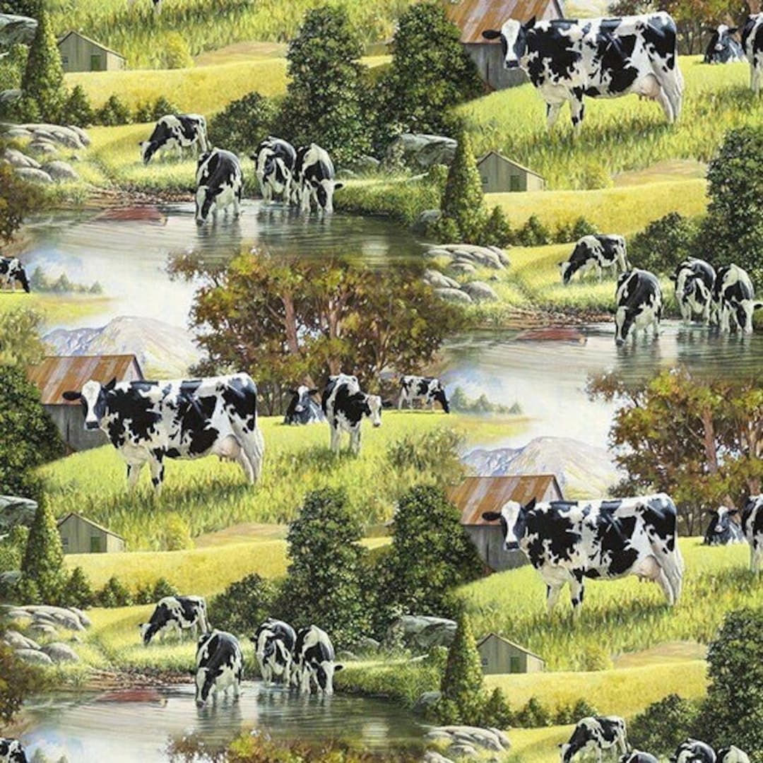 1/2 Metre Cows at the River Barnyard Farmyard Farm Fabric Craft Apparel ...