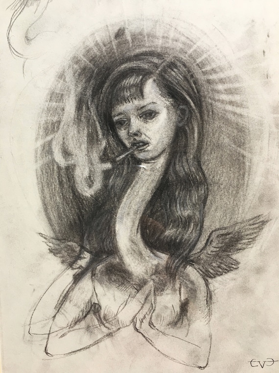 Graphite Pencil Drawing smoking Angel Rebel | Etsy