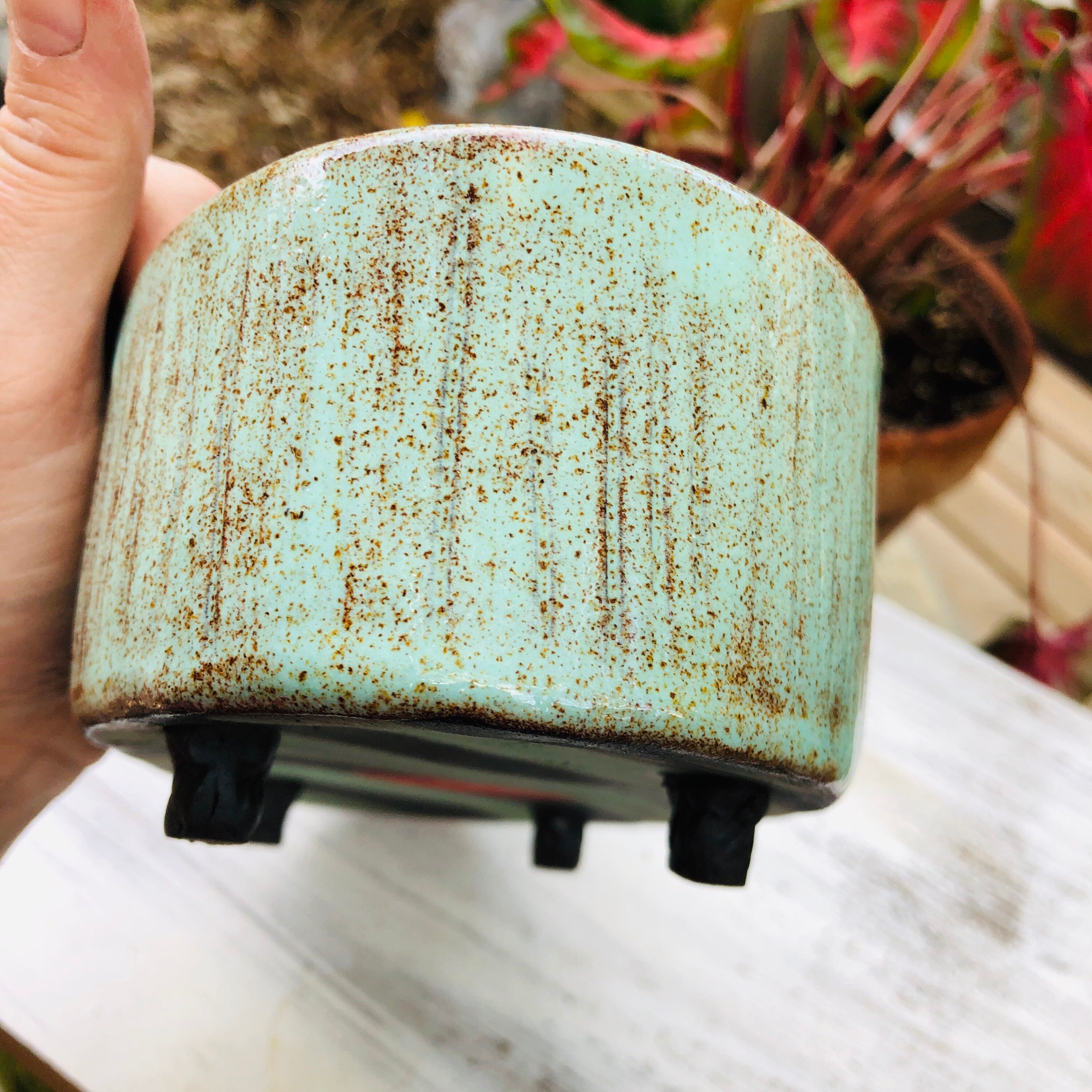Green Shino Ikebana vessel-Hand made turquoise shino ikebana base ...