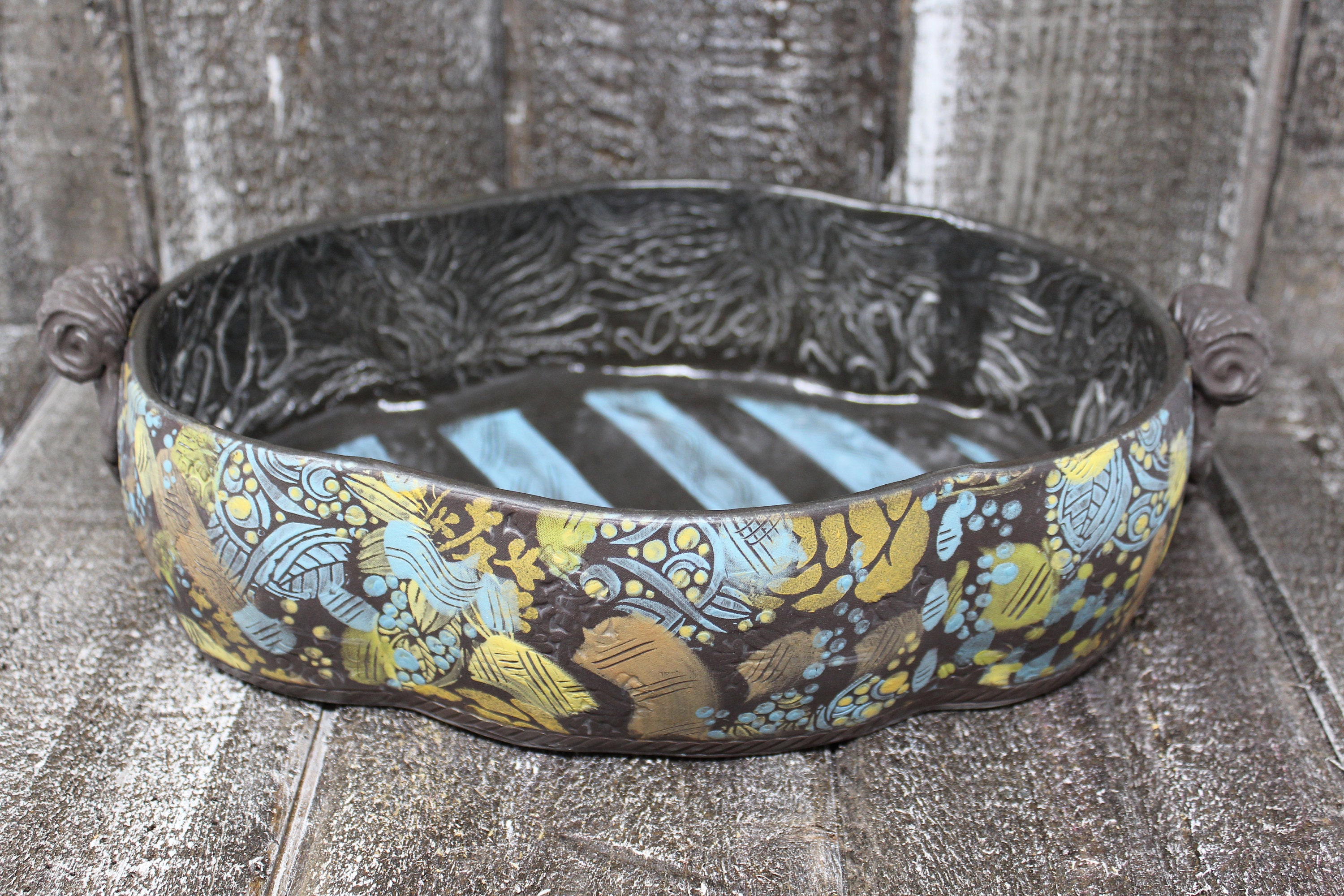 Large Pottery Casserole-Black Clay serving dish-painted pottery dish ...
