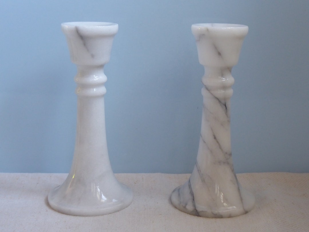 Vintage Set Two Marble White Grey Candlestick Vintage Stone Mid Century ...