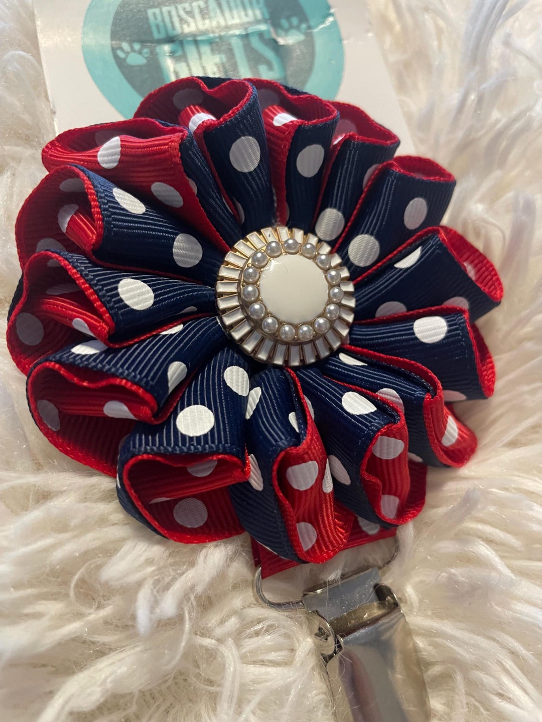 Folded Ribbon Style Made With Blue and Red Polka Dot Ribbon, Centre ...