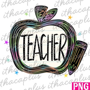 Back to School Png, School Teacher Neon Apple Sublimation, Clipart ...