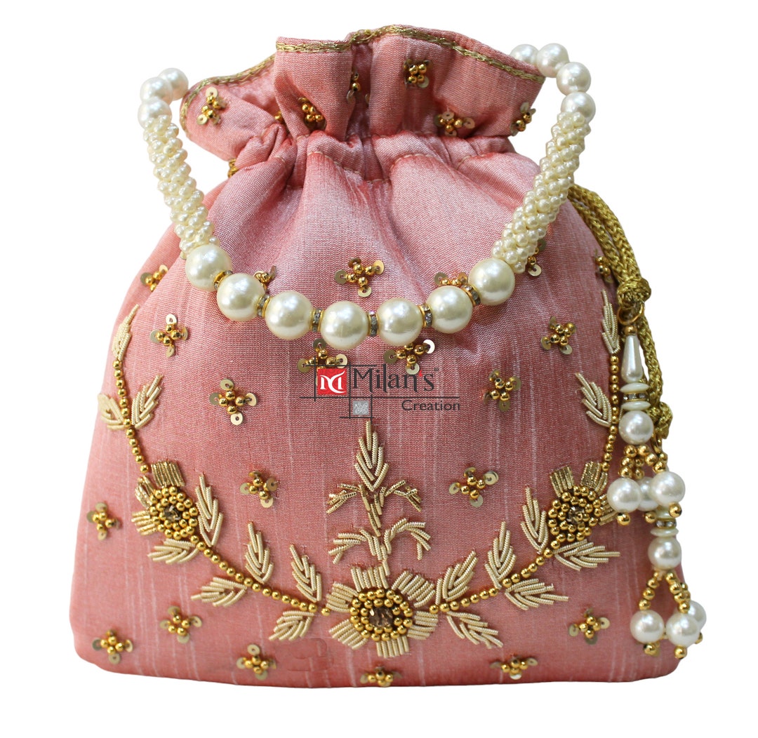 Indian Potli Bag Purse Zardosi & Pearls Hand Embroidered Drawstring ...