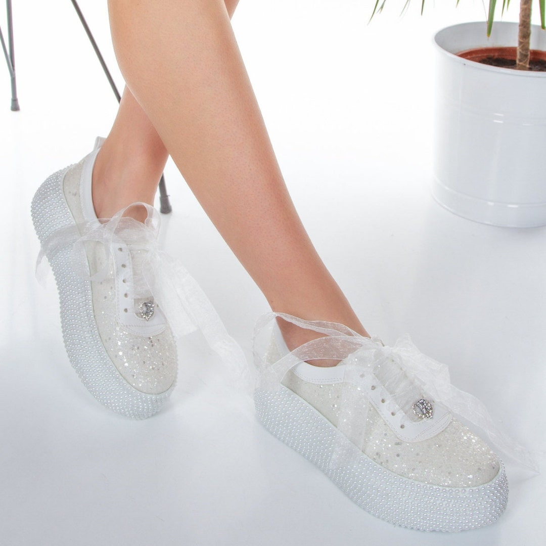 White Glitter Bridal Shoes, Pearl Wedding Sneakers, Custom Initials - Etsy