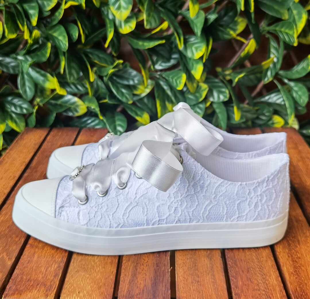 Lace Bridal Sneakers With Ribbon Laces, Personalized Wedding Shoes - Etsy