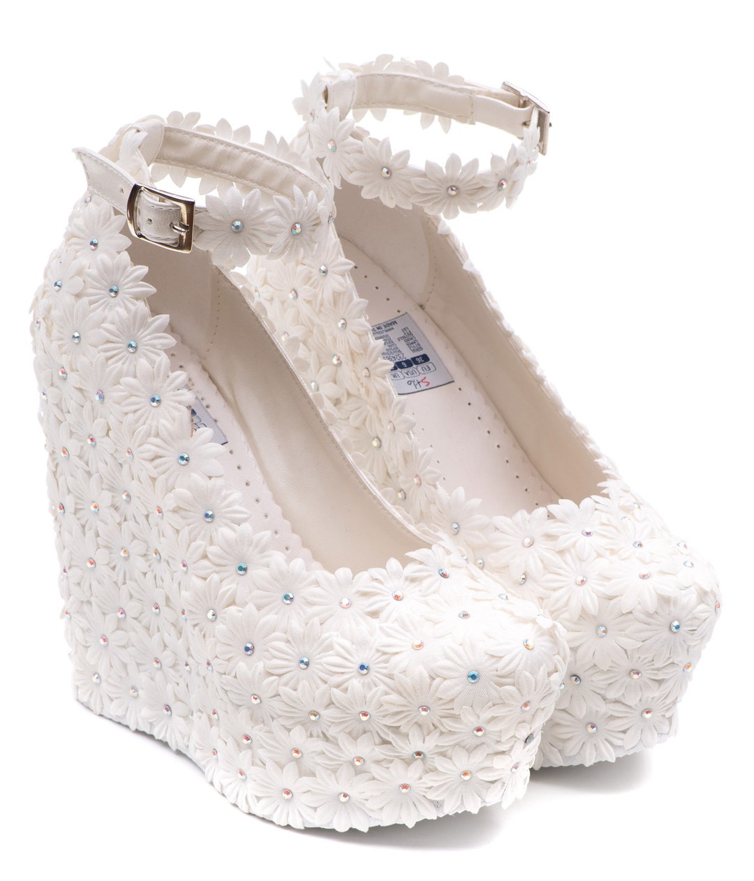 White Wedge Heel Ivory Bridal Shoes High Sole Wedge Heel With Daisy and ...