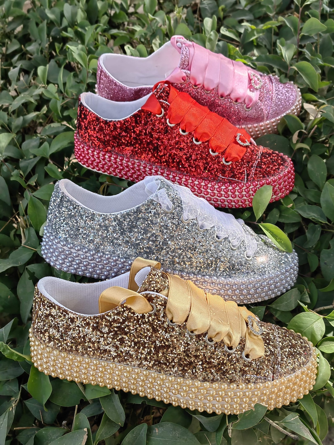 Customizable Glitter Bridal Shoes, Pearl Detail, Wedding Party Sneakers ...