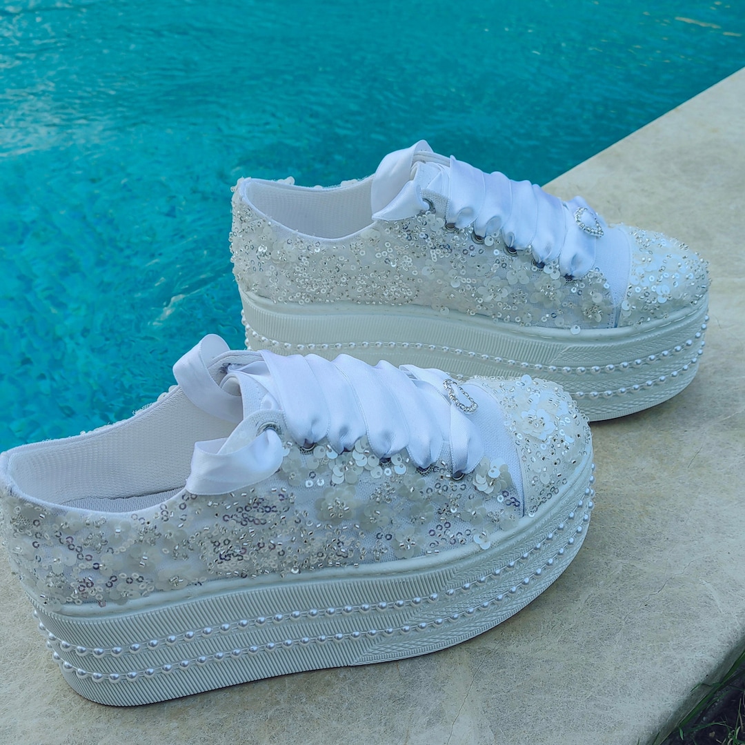 Personalized Glitter Sequin Bridal Platform Sneakers, Handcrafted ...