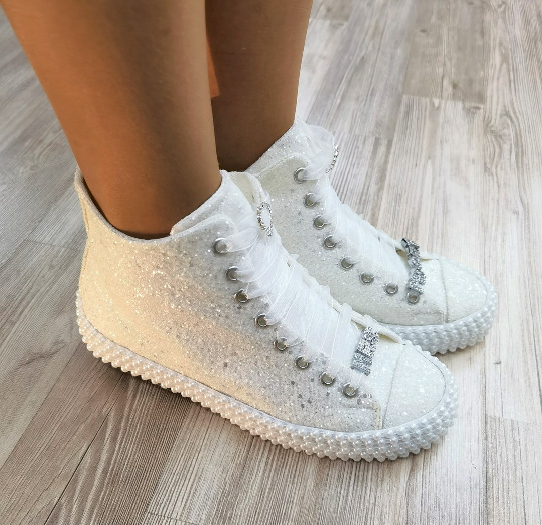 Sparkle Bridal Sneakers, White Pearl Trim, Custom Wedding Shoes - Etsy