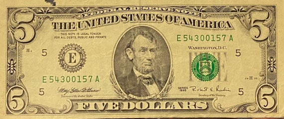 1995 Vintage 5 Dollar Bill | Etsy