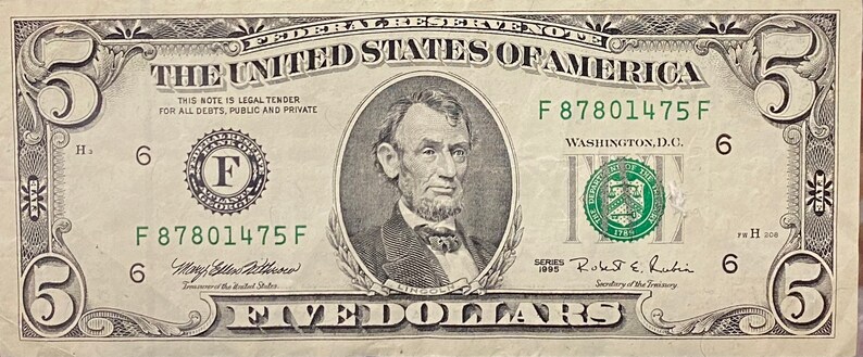 1995 Vintage 5 Dollar Bill - Etsy
