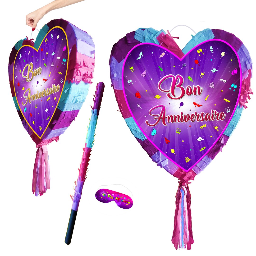 Bon Anniversaire Heart Pinata With Stick Love Party Happy Birthday Game ...