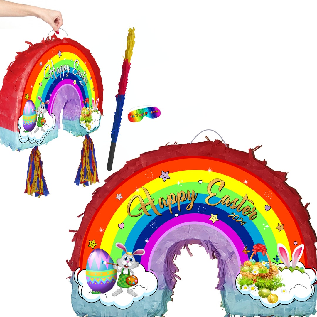 Easter Rainbow Pinata With Stick and Paper Eye Cover Piñata Set Party ...