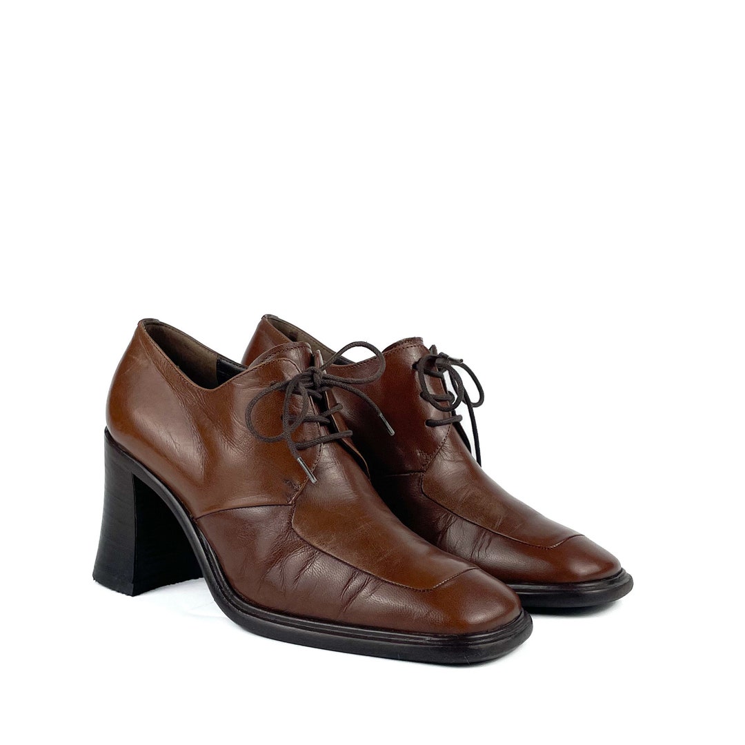Vintage 90s 00s Real Leather Chunky Block Heel Square Toe Lace up ...