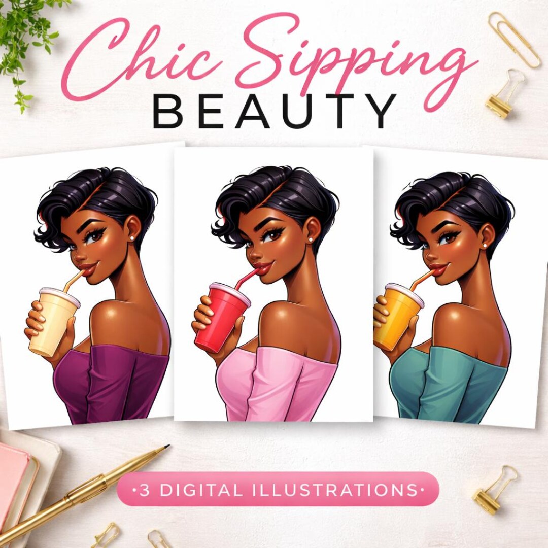 Chic Sipping Beauty Fashion Illustration Set | Modern Glam Black Woman ...