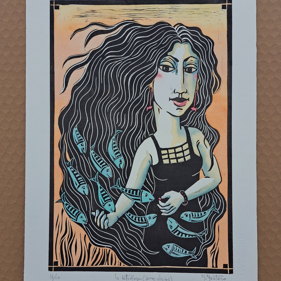 The Ichthyologist, Linocut50x36cm - Etsy Hong Kong