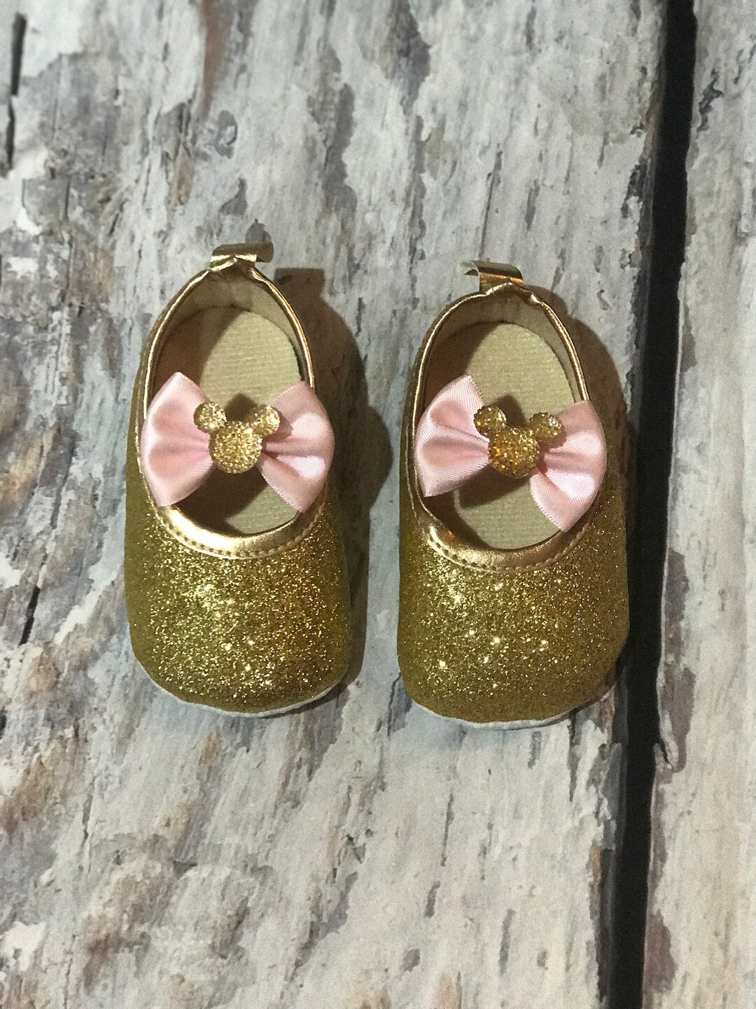 Gold Glitter Baby Shoes: Minnie Mouse, Pink Ribbon, First Birthday - Etsy