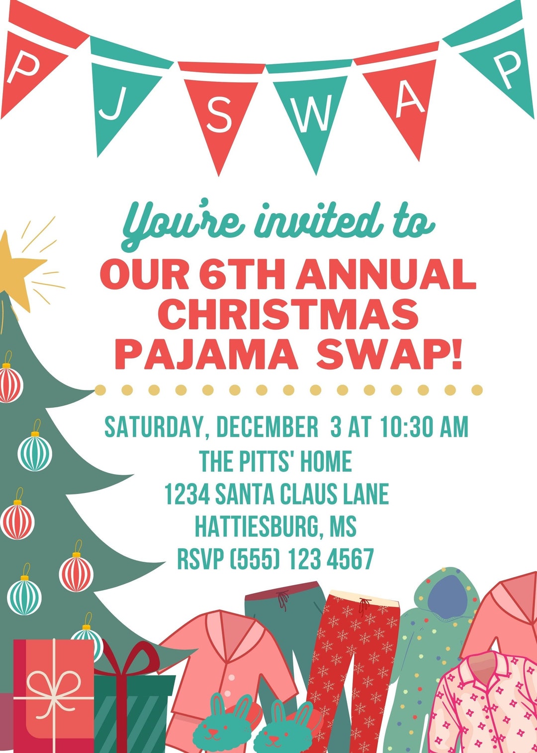 Christmas PJ Swap Invitation, INSTANT DOWNLOAD (with Canva), Christmas ...